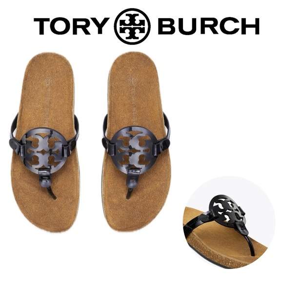 Tory Burch | Shoes | Tory Burch Miller Black Patent Leather Cork Logo ...